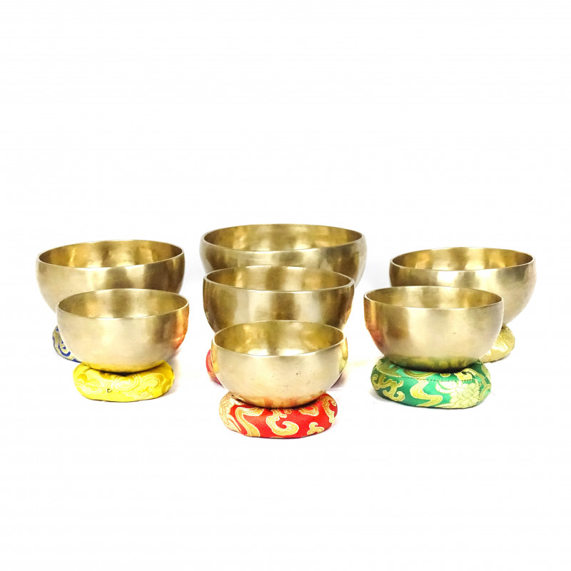 Explore Small Set of Seven Metal Singing Bowls